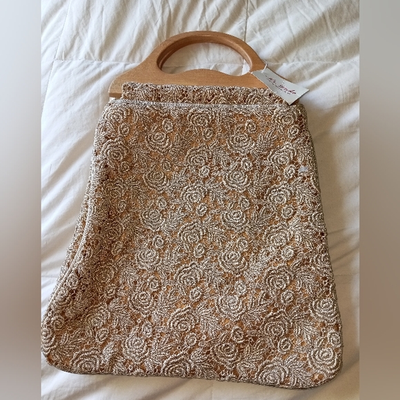 Mr. Duke | Bags | Nwt Gold Floral Lace Bag With Wood Handles | Poshmark